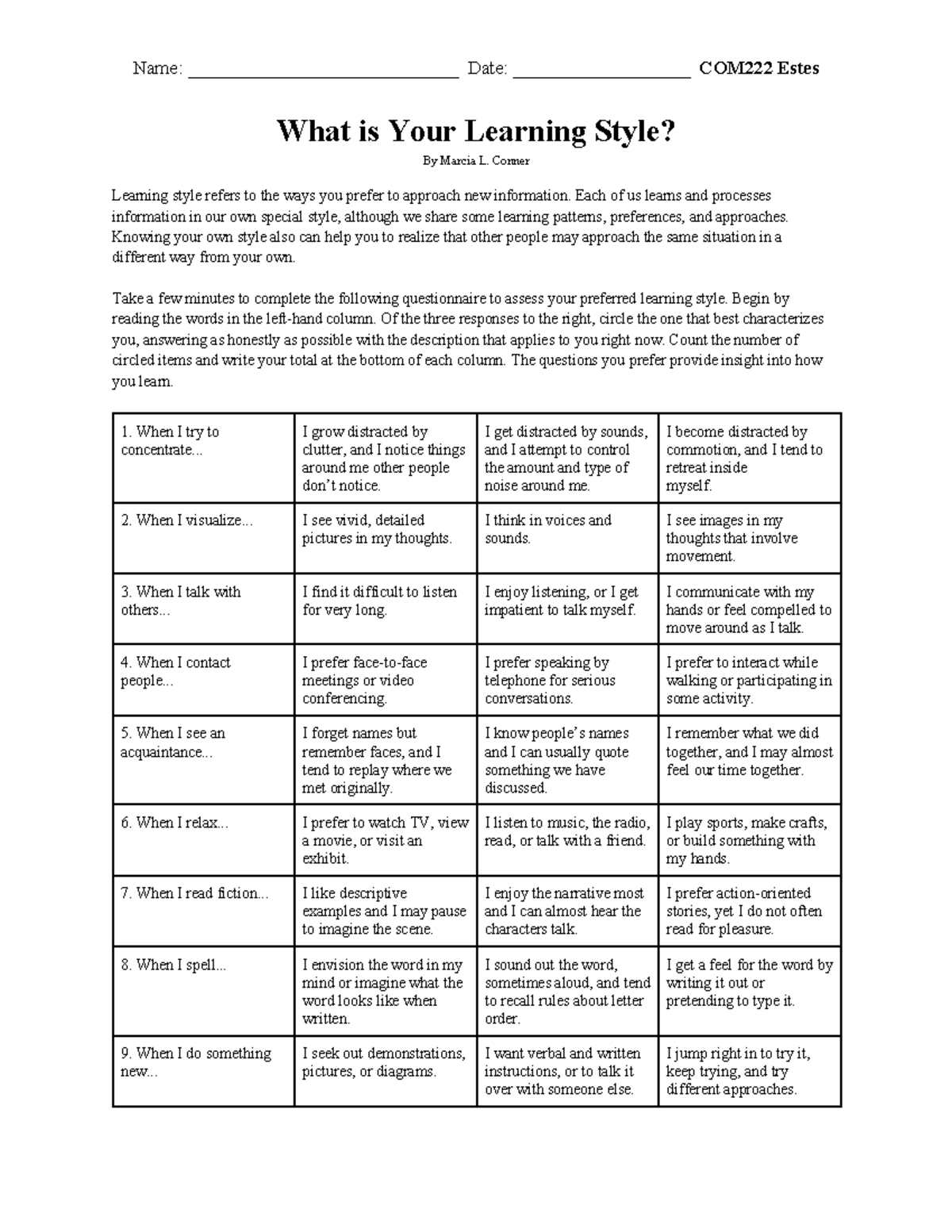 What is Your Learning Style - Name: _____________________________ Date