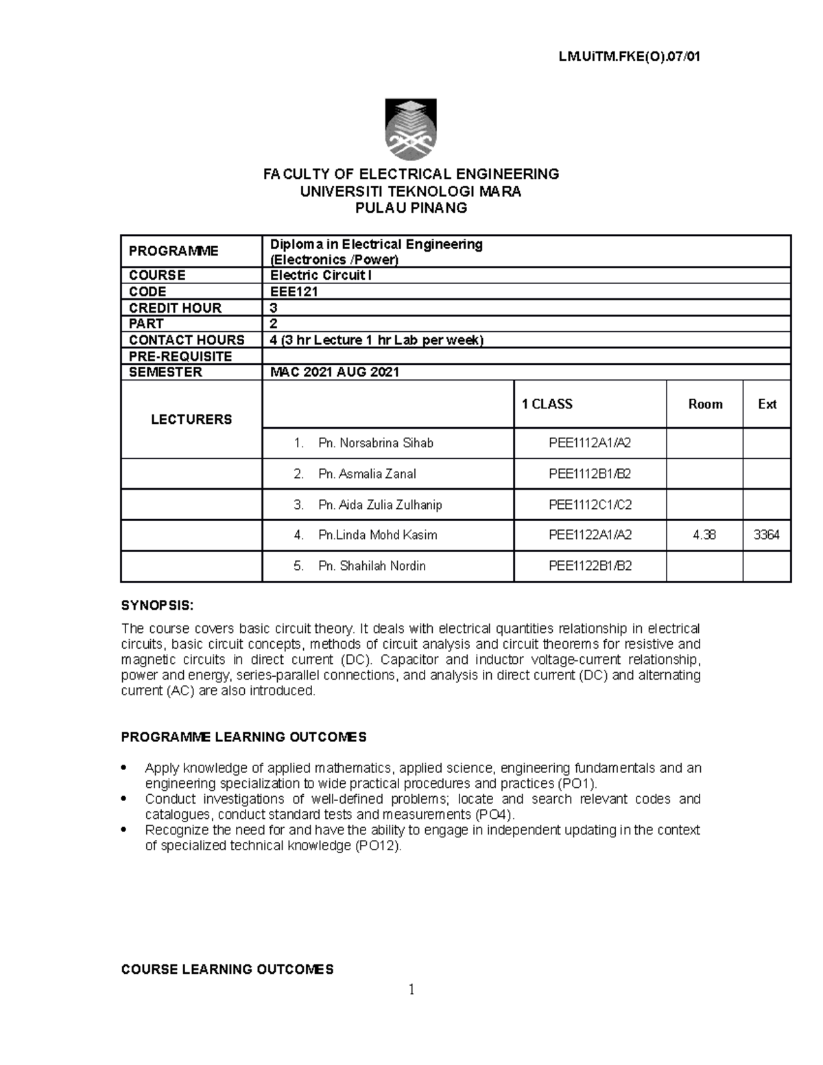Course Outline Mac Aug 2021 EEE121 - FACULTY OF ELECTRICAL ENGINEERING ...