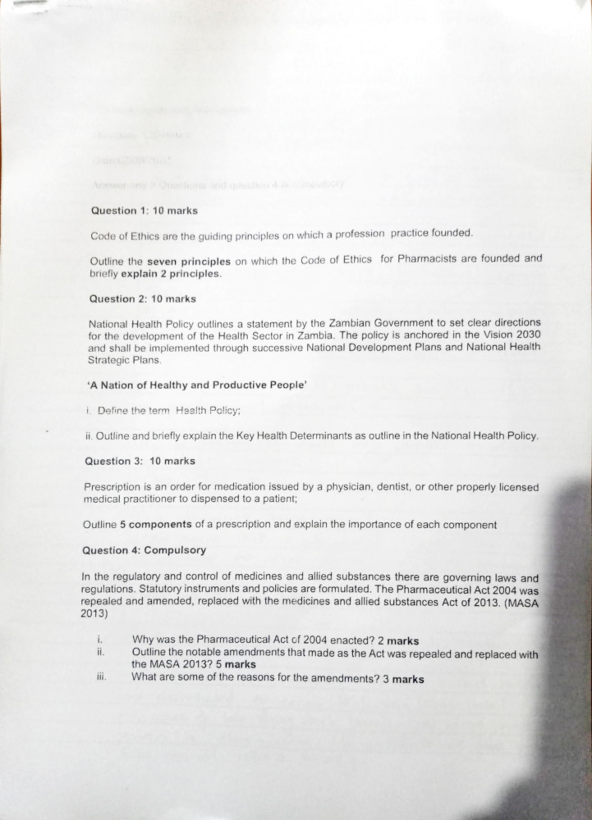 Pharmacy law test - Past papers - Bachelor's degree in pharmacy - Studocu