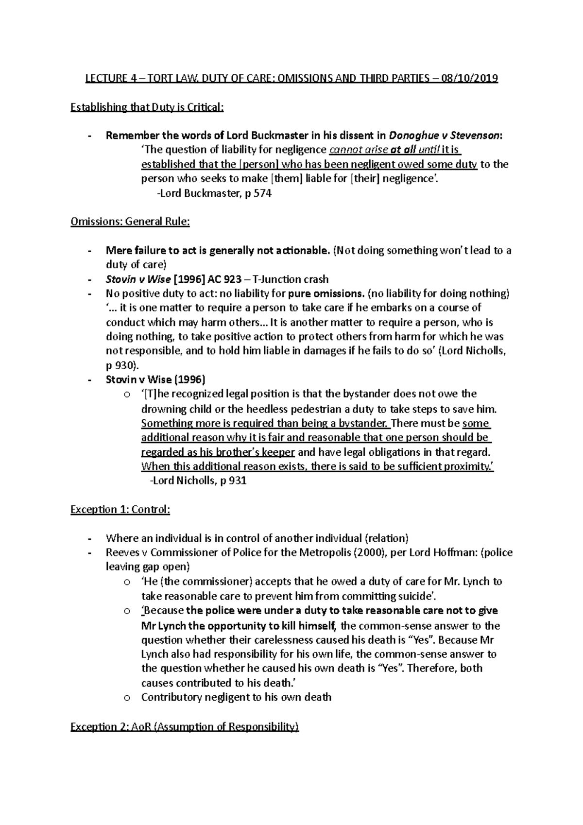 Tort - Ommissions and Third Parties - LECTURE 4 – TORT LAW, DUTY OF ...
