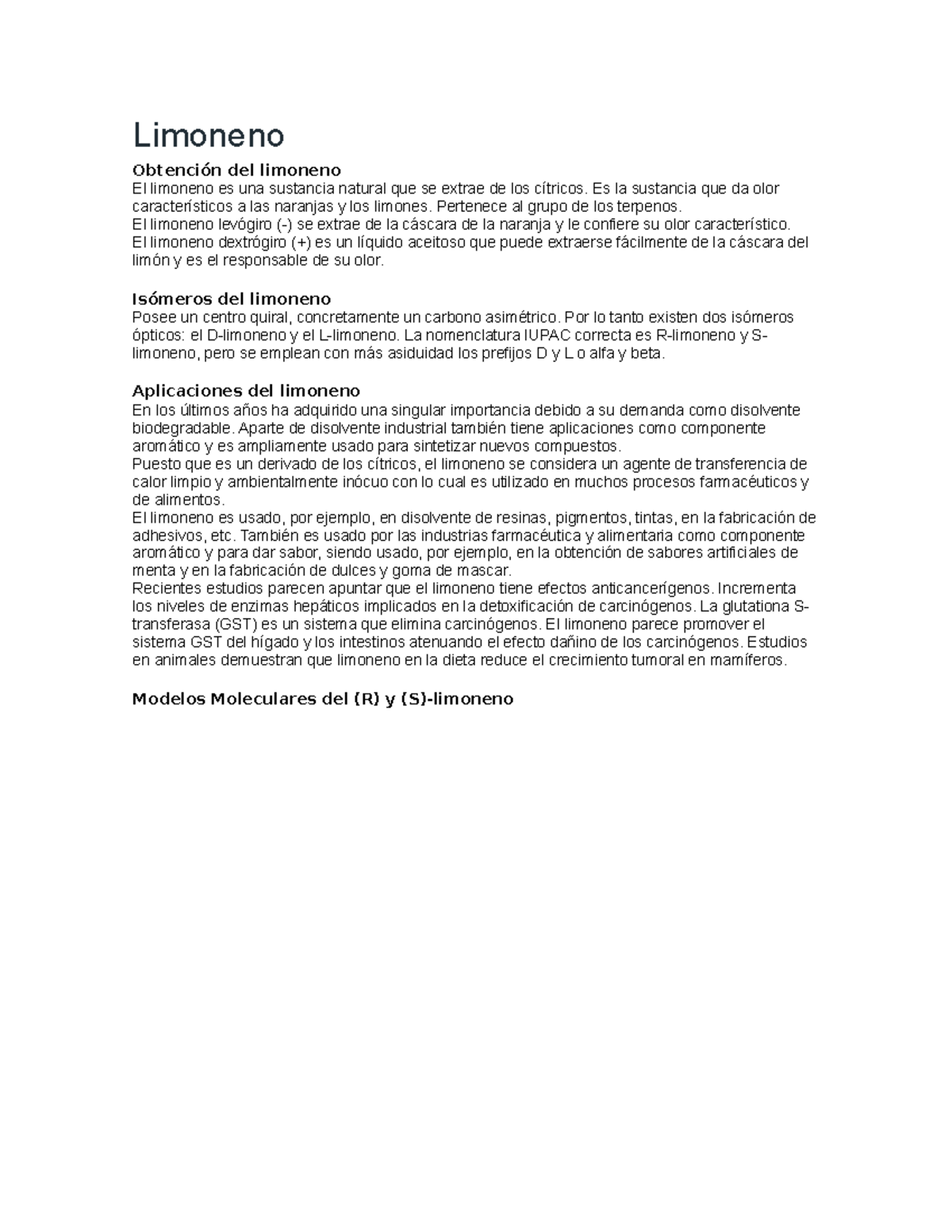 Limoneno - Tarea completa - Limoneno Obtención del limoneno El limoneno ...