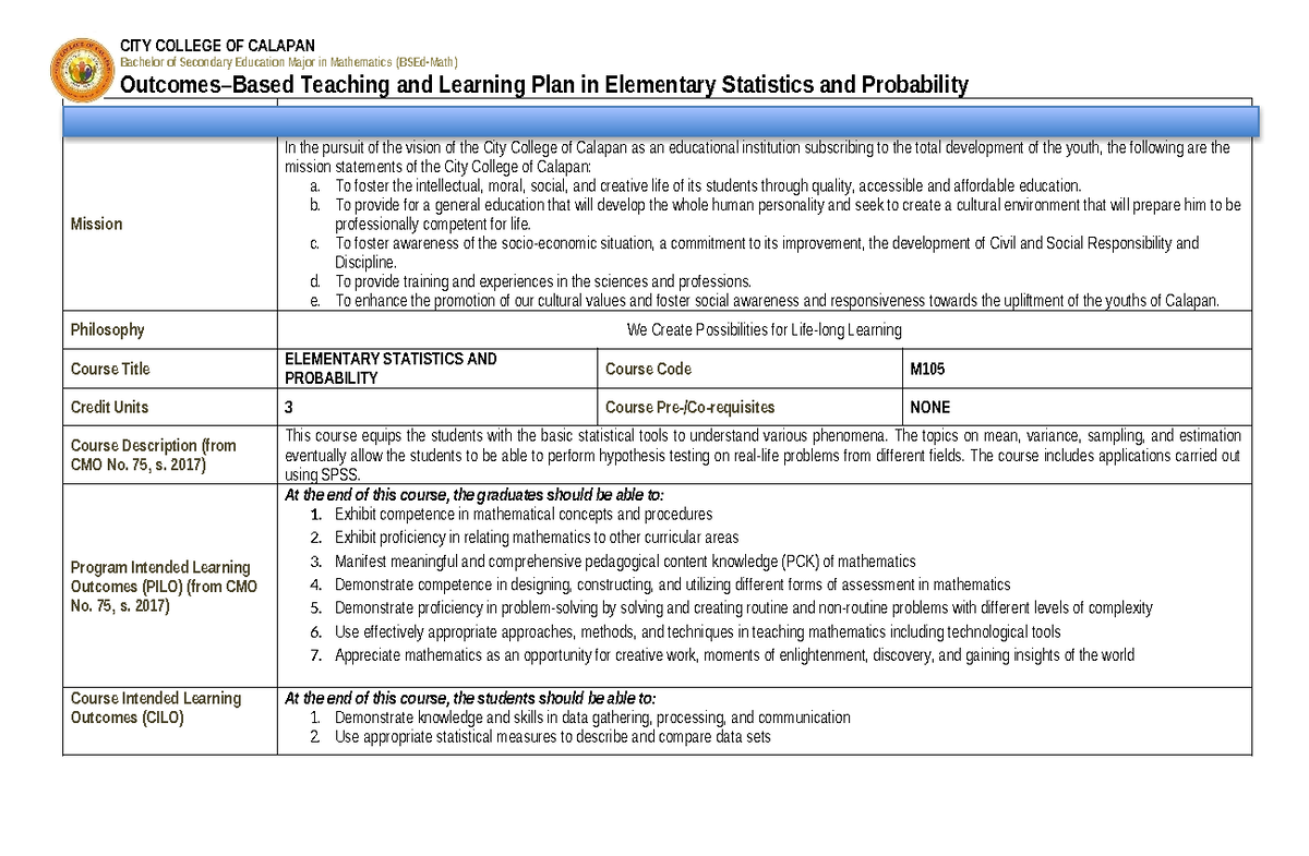 OBTL M105 BSED MATH 2 Locquiao Claudine - CITY COLLEGE OF CALAPAN ...
