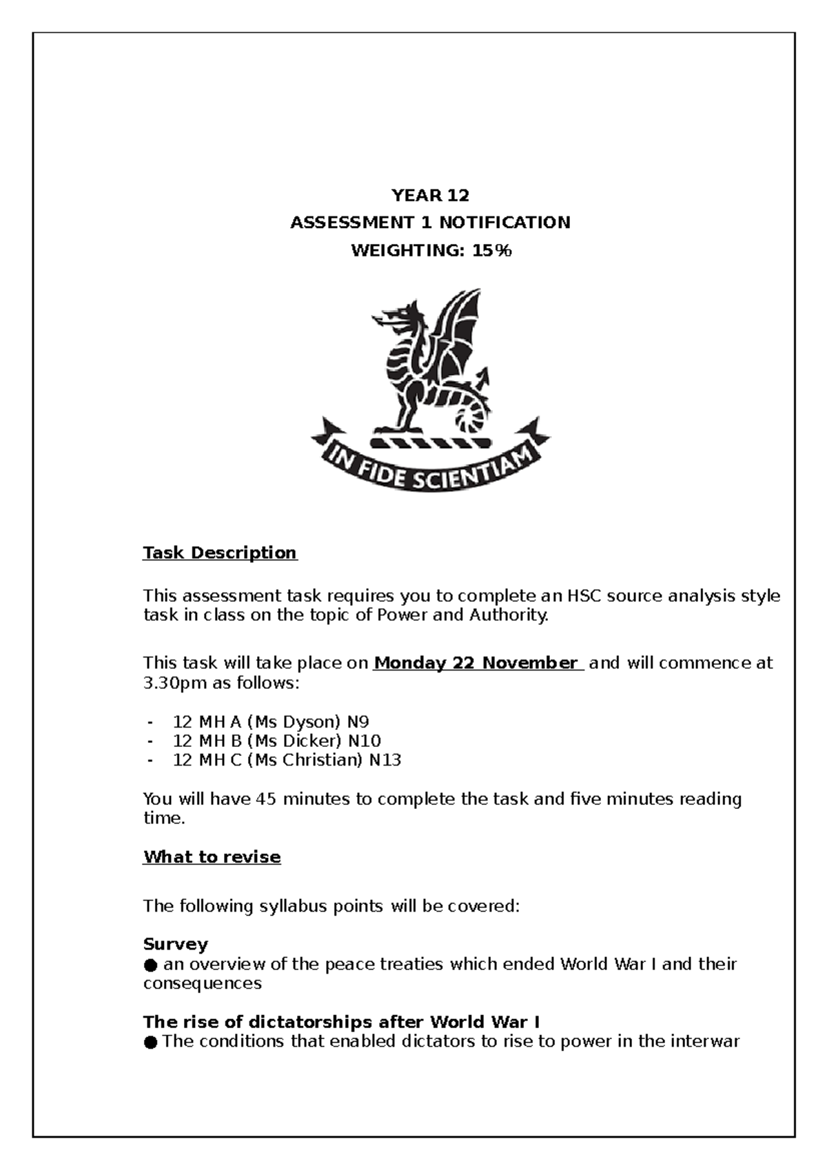 Year 12 Modern History Assessment 1 - YEAR 12 ASSESSMENT 1 NOTIFICATION ...