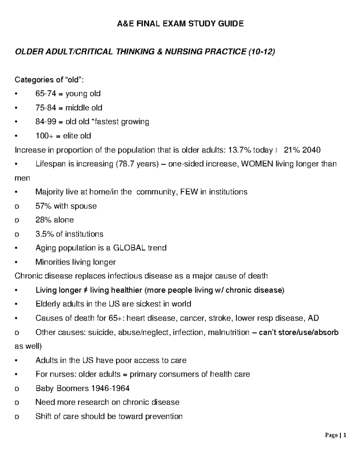 A E Final Exam Study Guide - A&E FINAL EXAM STUDY GUIDE OLDER ADULT ...