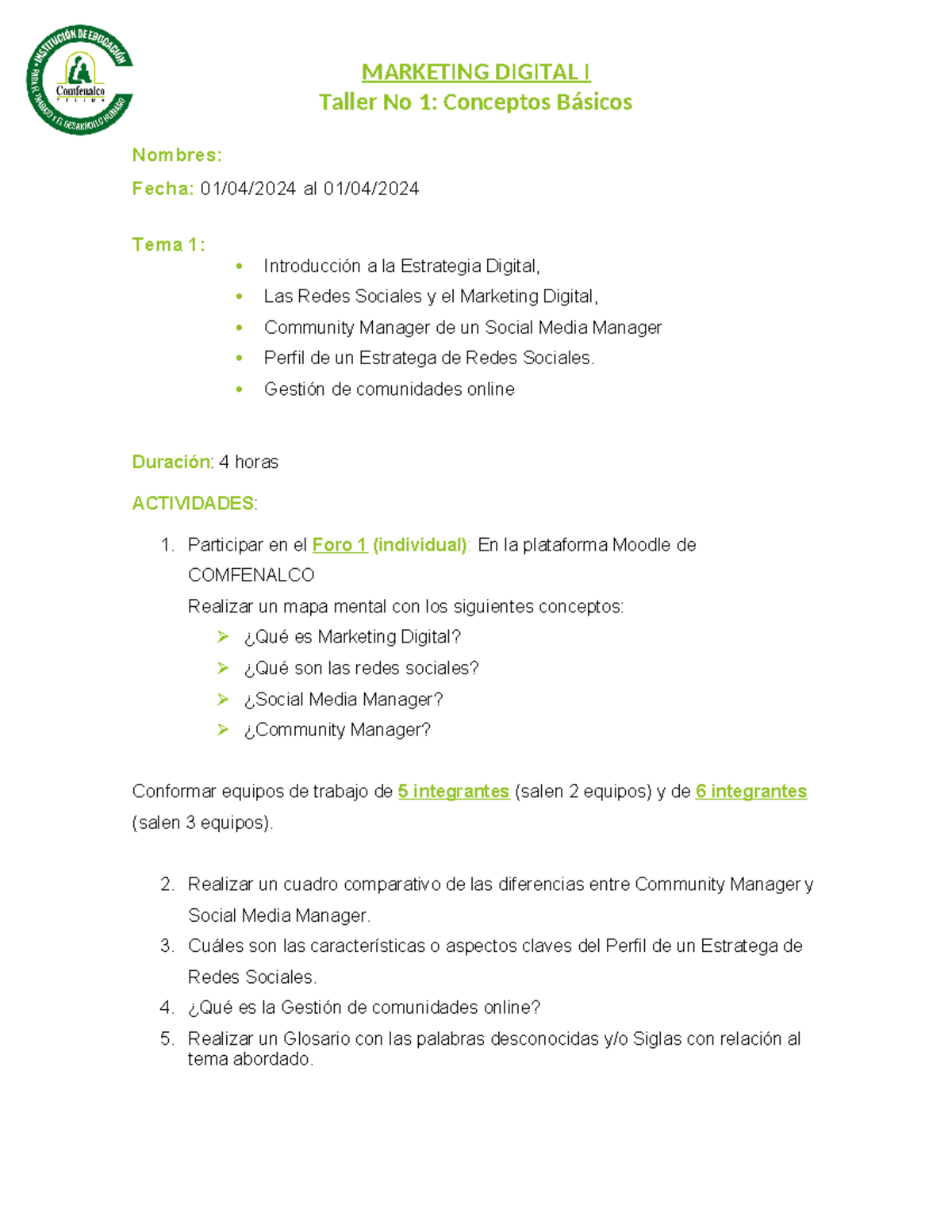 Taller No 1 Conceptos Básicos - MARKETING DIGITAL I Taller No 1: Conceptos Básicos Nombres ...