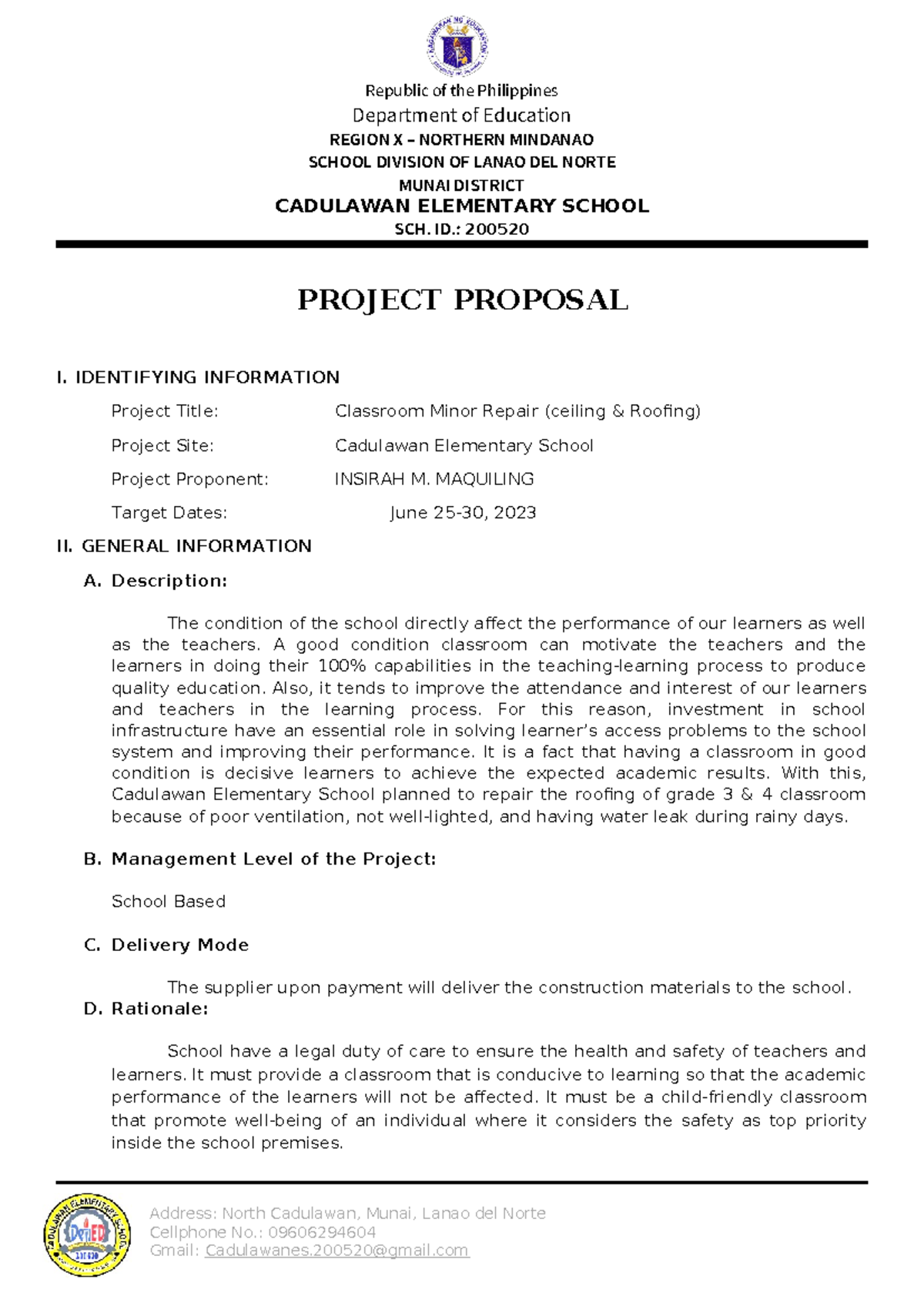 Classroom repair proposal - Republic of the Philippines Department of ...