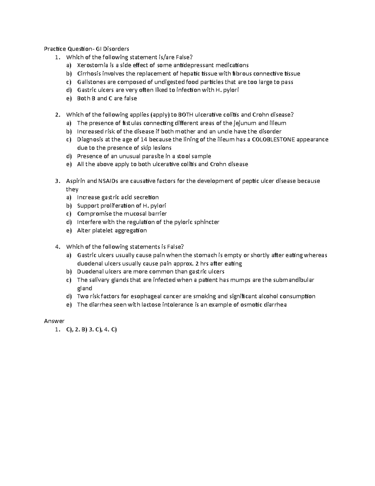 Practice GI question - Practice Question- GI Disorders 1. Which of the ...