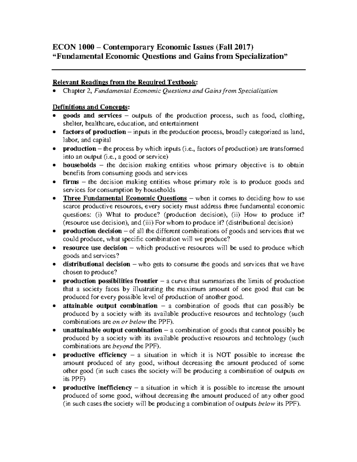 Chapter 2 Study Guide - ECON 1000 – Contemporary Economic Issues (Fall ...