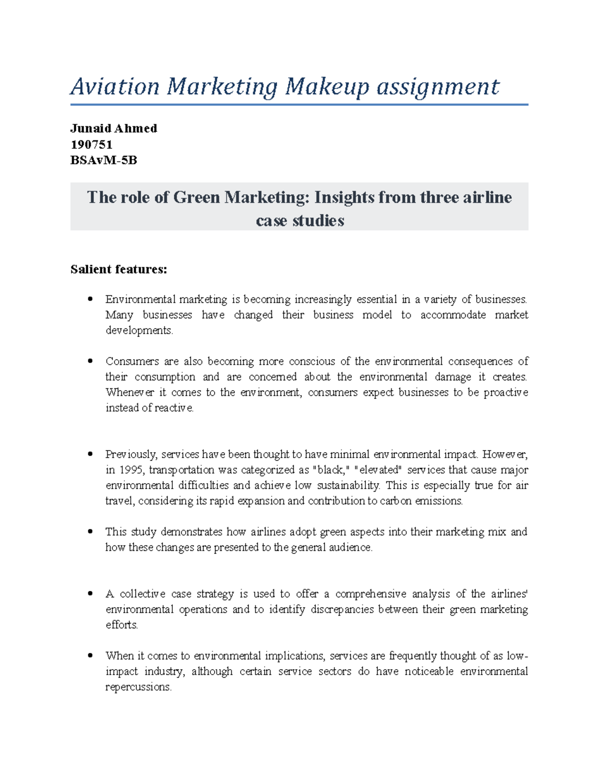 Mkt Assignment makeup - Aviation Marketing Makeup assignment Junaid ...
