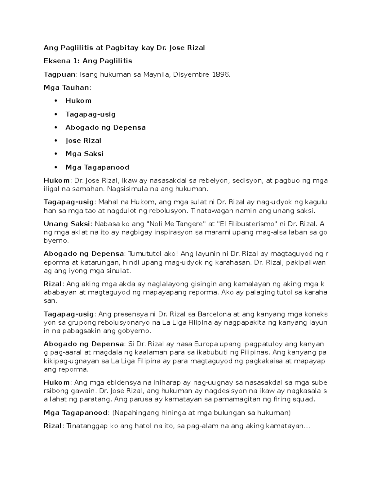 Rizal script (partial) - Ang Paglilitis at Pagbitay kay Dr. Jose Rizal ...