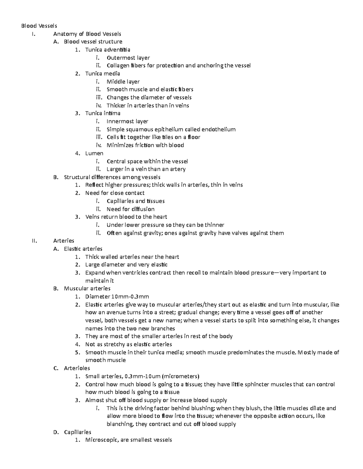 Anatomy and Physiology II notes 2 - Blood Vessels I. Anatomy of Blood ...