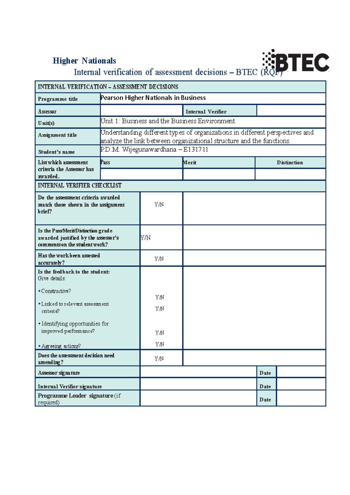 BBE Assignment JULA - Higher Nationals Internal verification of ...