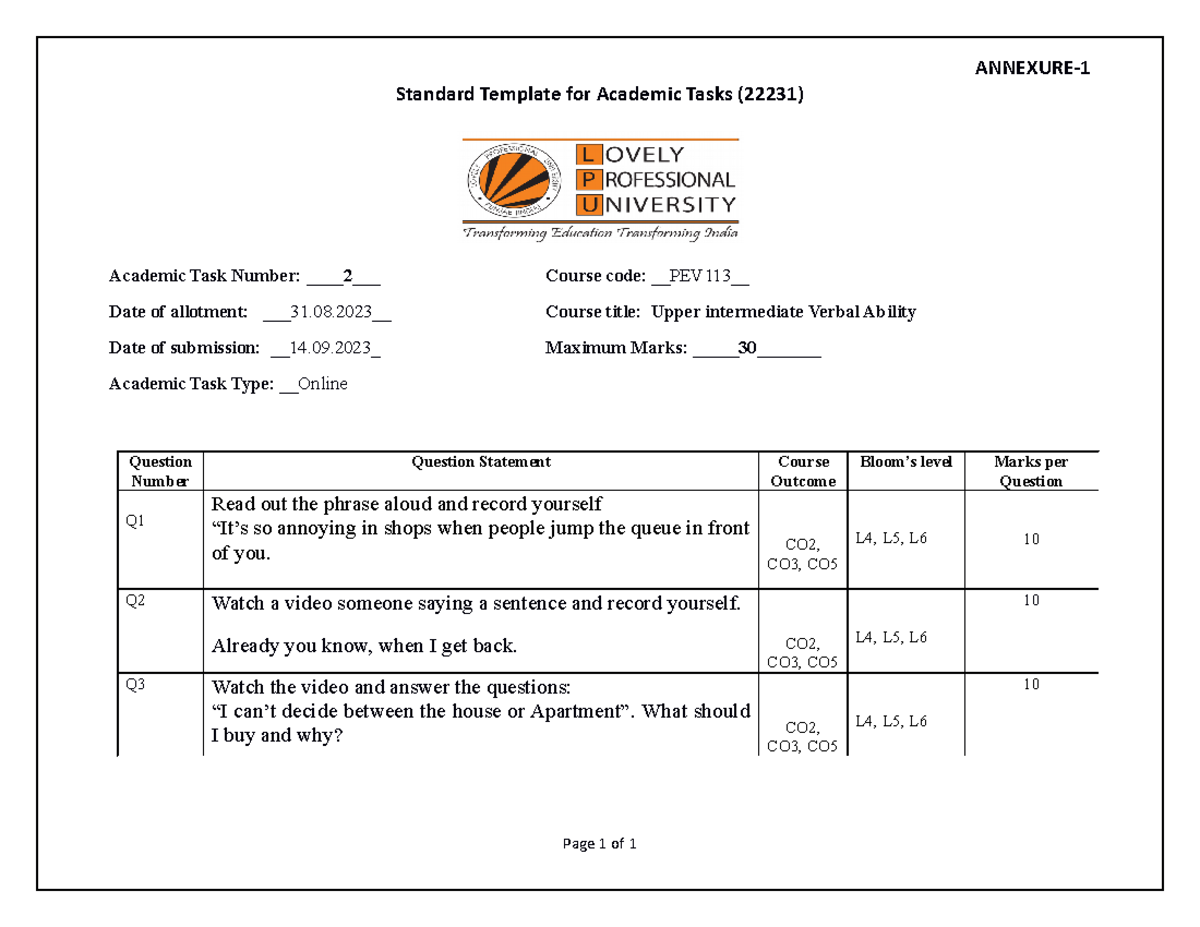 A963888211 28554 2 2023 CA2 PEV113 - ANNEXURE- Standard Template for Academic Tasks (22231 ...