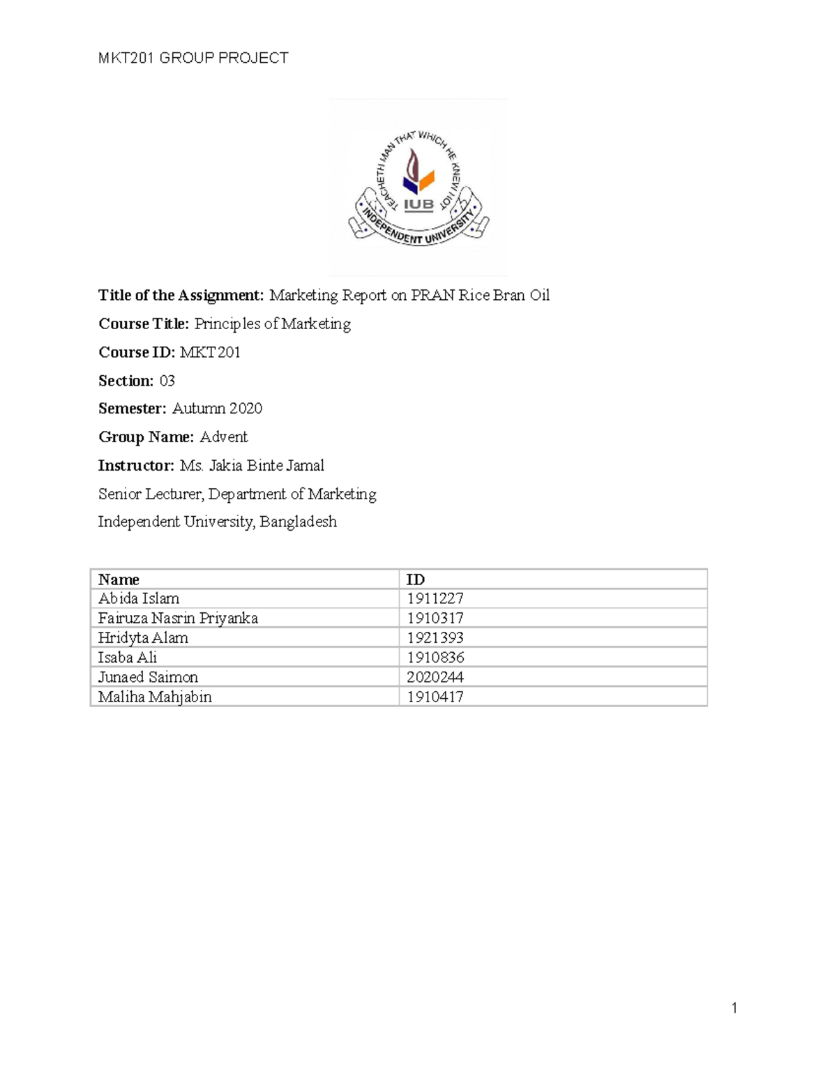 MKT201-Report-Group-1- Team Advent- Assignment - principles of ...