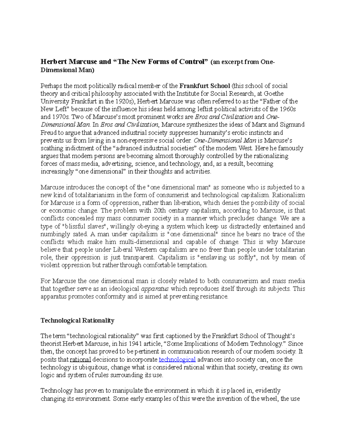 Herbert Marcuse Technological Rationality - Herbert Marcuse and “The ...