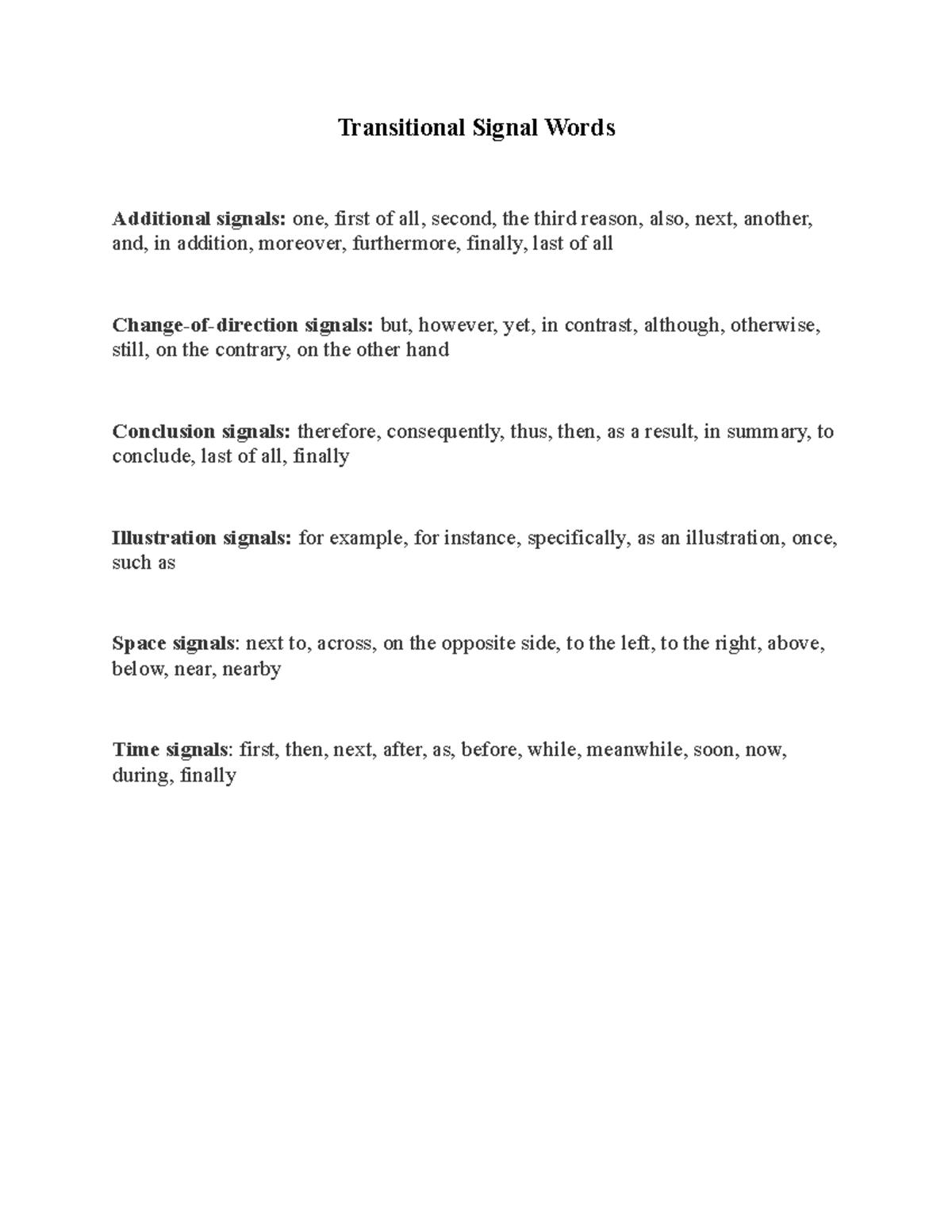Transitional Signal Words - Transitional Signal Words Additional ...