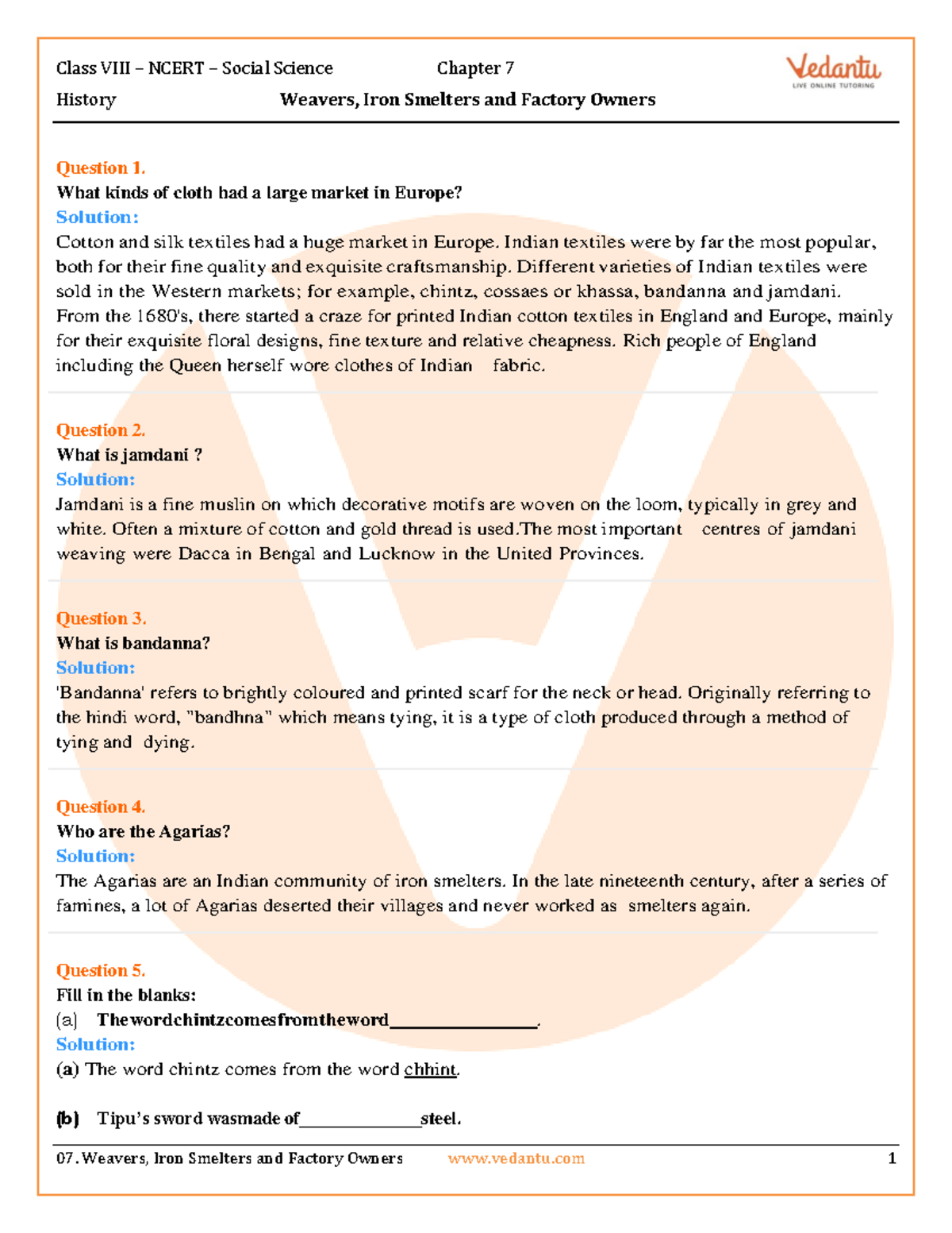 Class 8 Social Science History Our Pasts-3 Chapter 7 - History Weavers ...