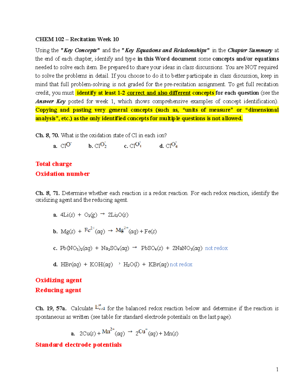 CHEM 102 - WEEK 10 - Recitation Questions - CHEM 102 – Recitation Week 10 Using the "Key - Studocu