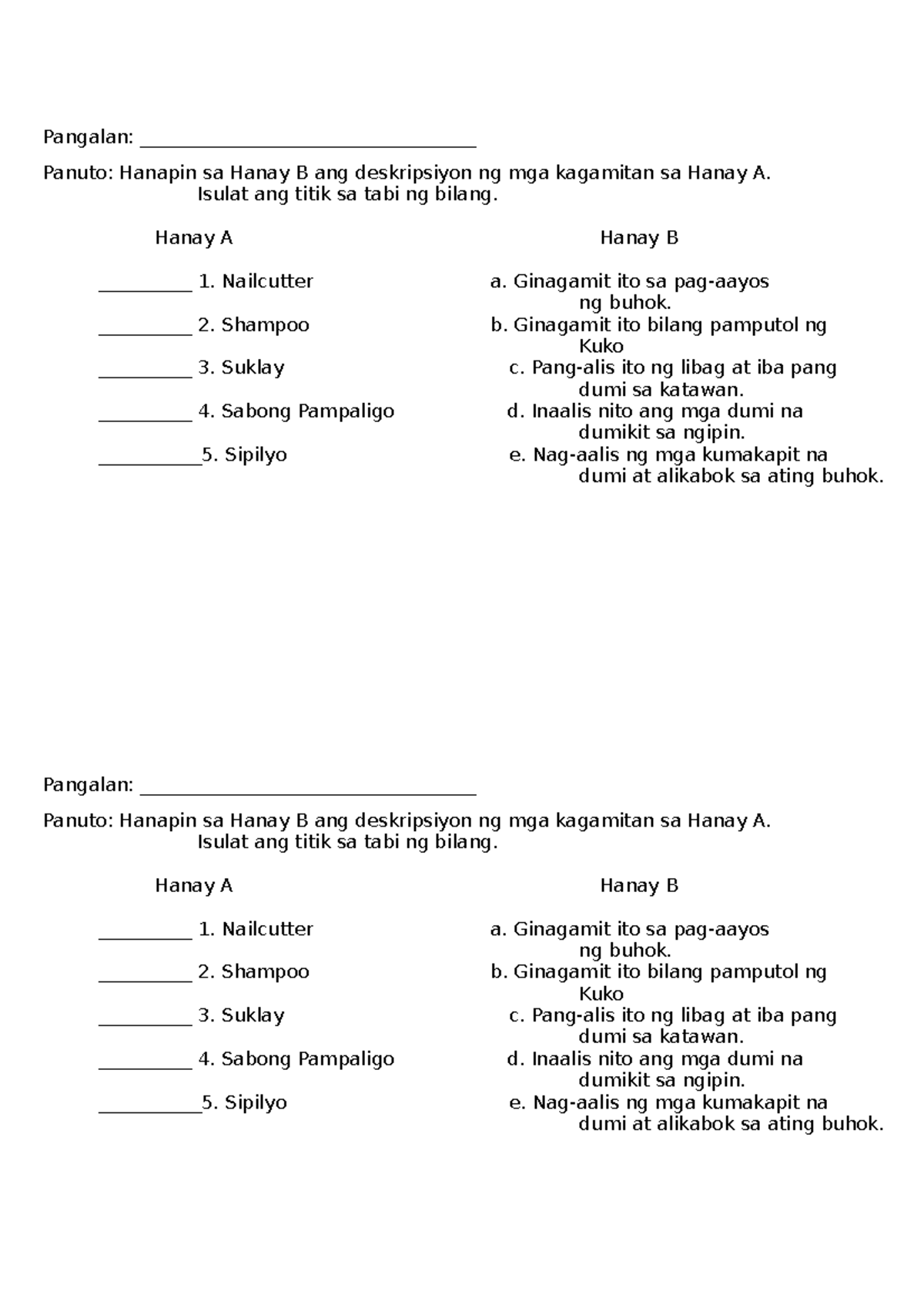 Pagtataya - FOR STUDY PURPOSES no - Pangalan: ____________________________________ Panuto ...
