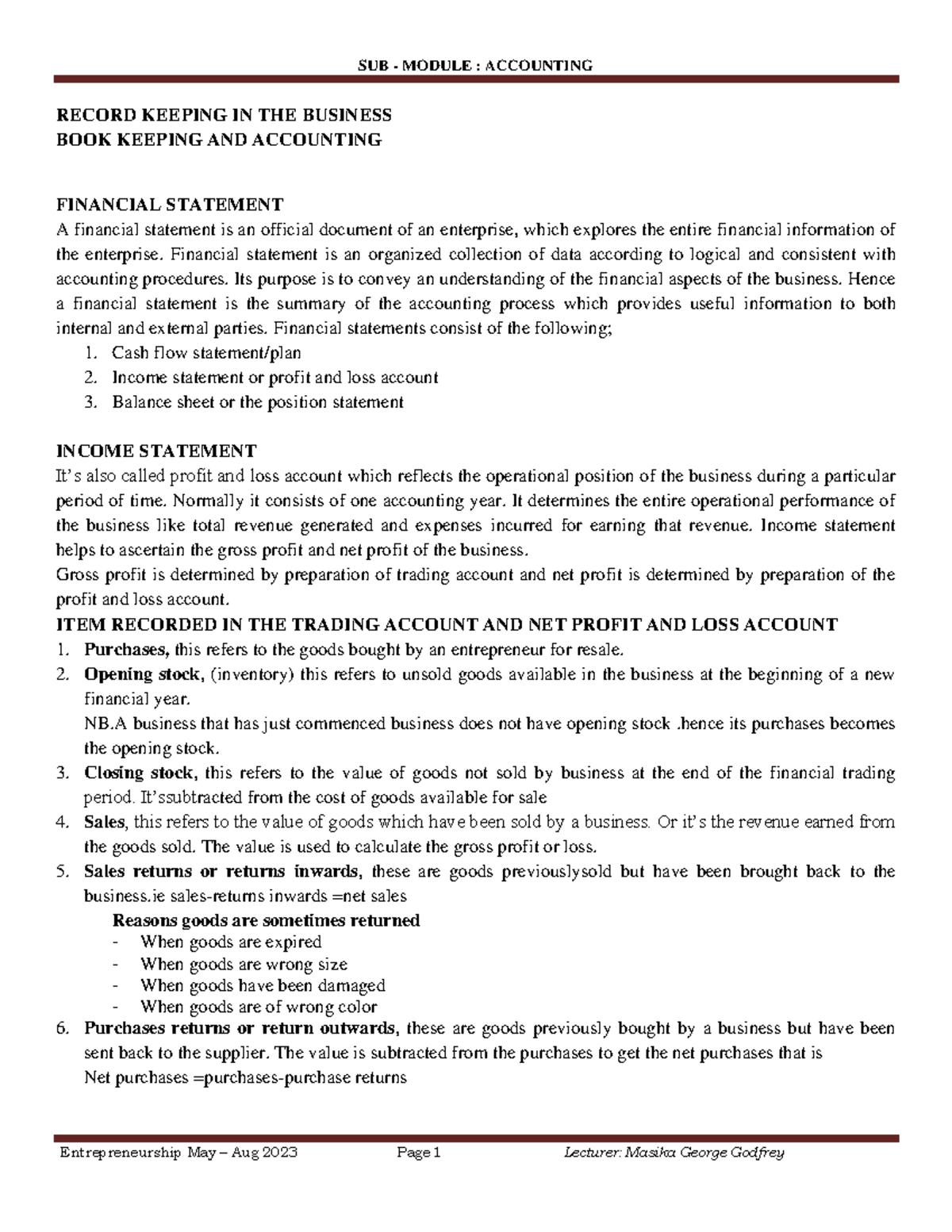 Sub-module Accounting 2 - RECORD KEEPING IN THE BUSINESS BOOK KEEPING ...
