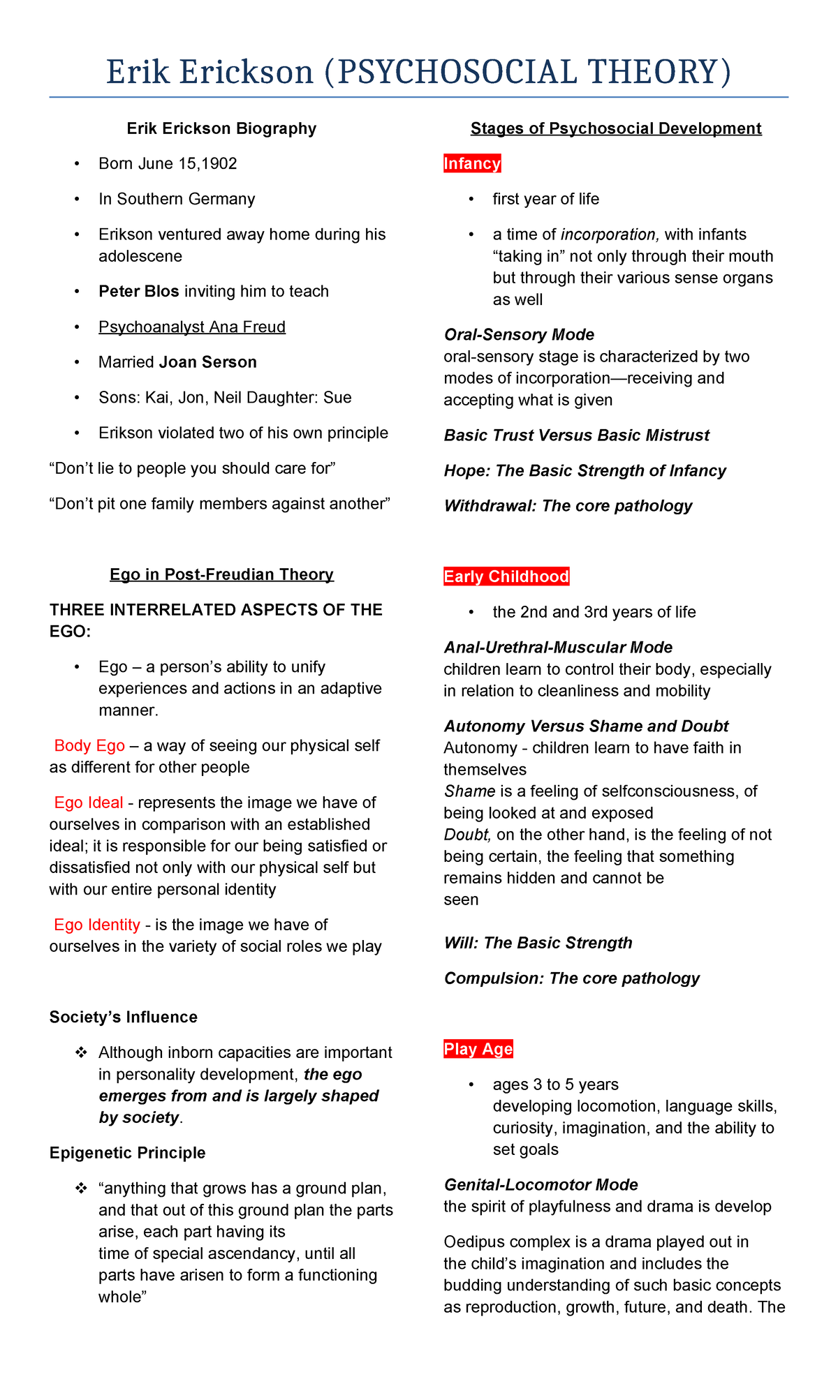 Theories of Personality - Erik Erickson - Erik Erickson (PSYCHOSOCIAL ...