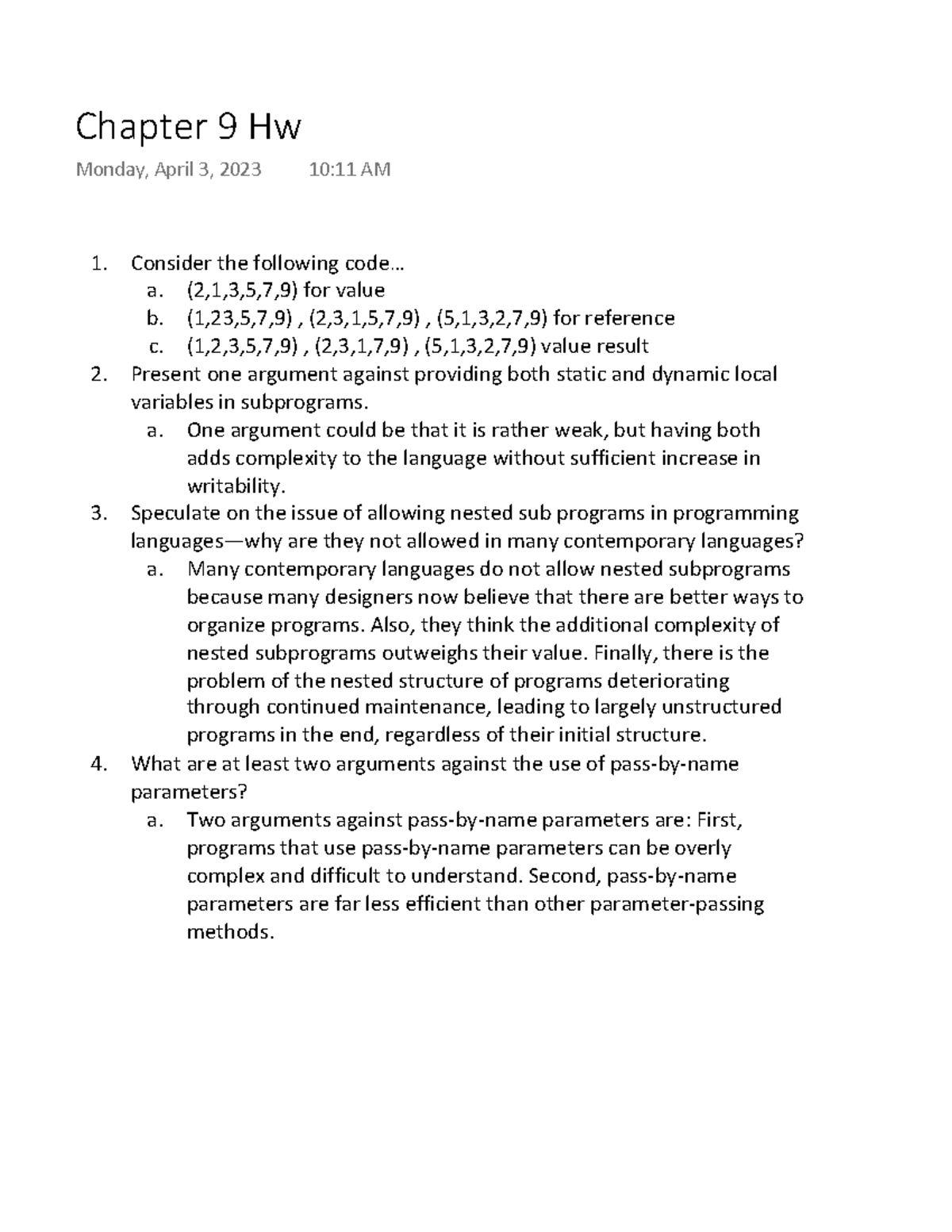 Chapter 9 Hw - assignments for the class - Consider the following code... a. (2,1,3,5,7,9) for ...
