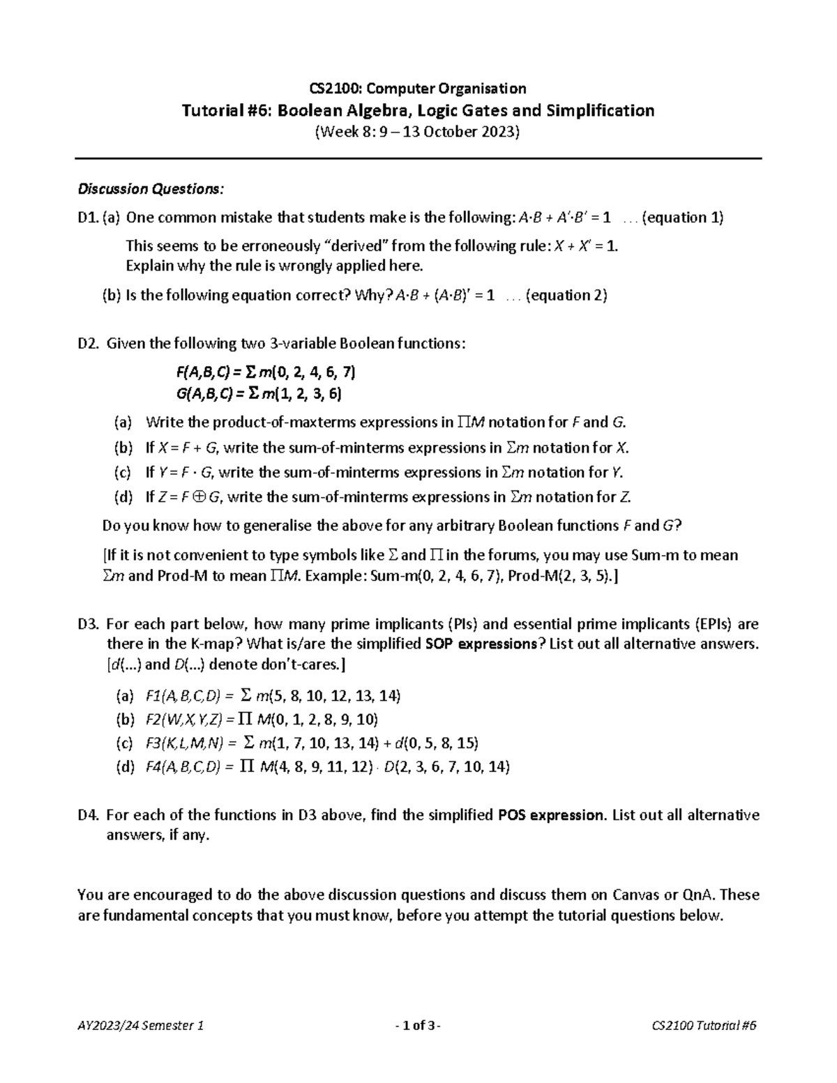 Tut06qns - Tutorial questions - AY202 3 /2 4 Semester 1 - 1 of 3 - CS2100 Tutorial # 6 CS2100 ...