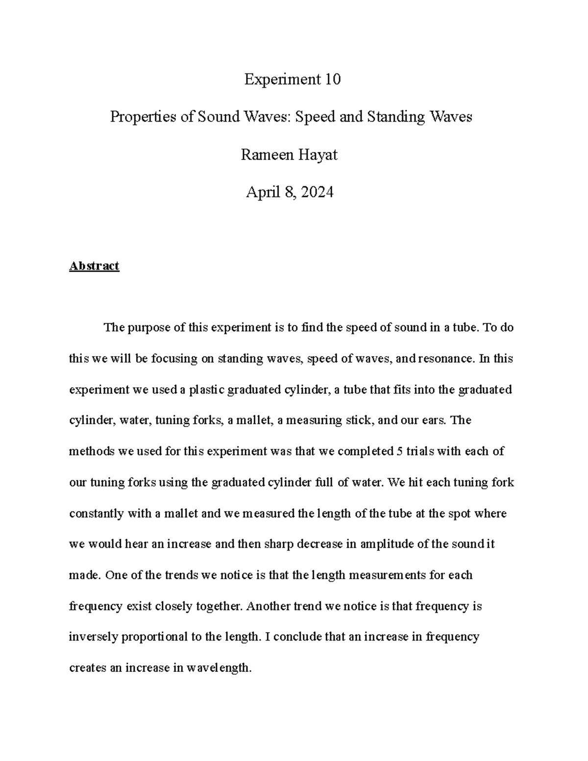 Physics Lab 10-1 - Experiment 10 Properties of Sound Waves: Speed and ...