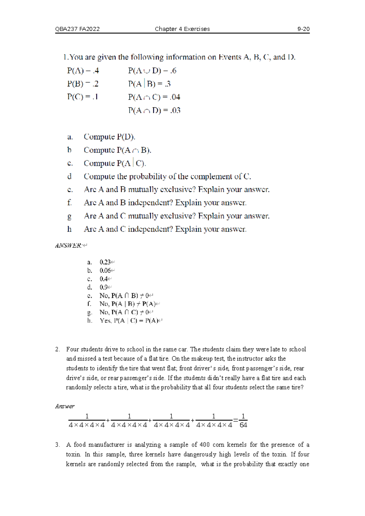 Chapter 4 Answers - Answer - QBA237 FA2022 Chapter 4 Exercises 9- 2 ...