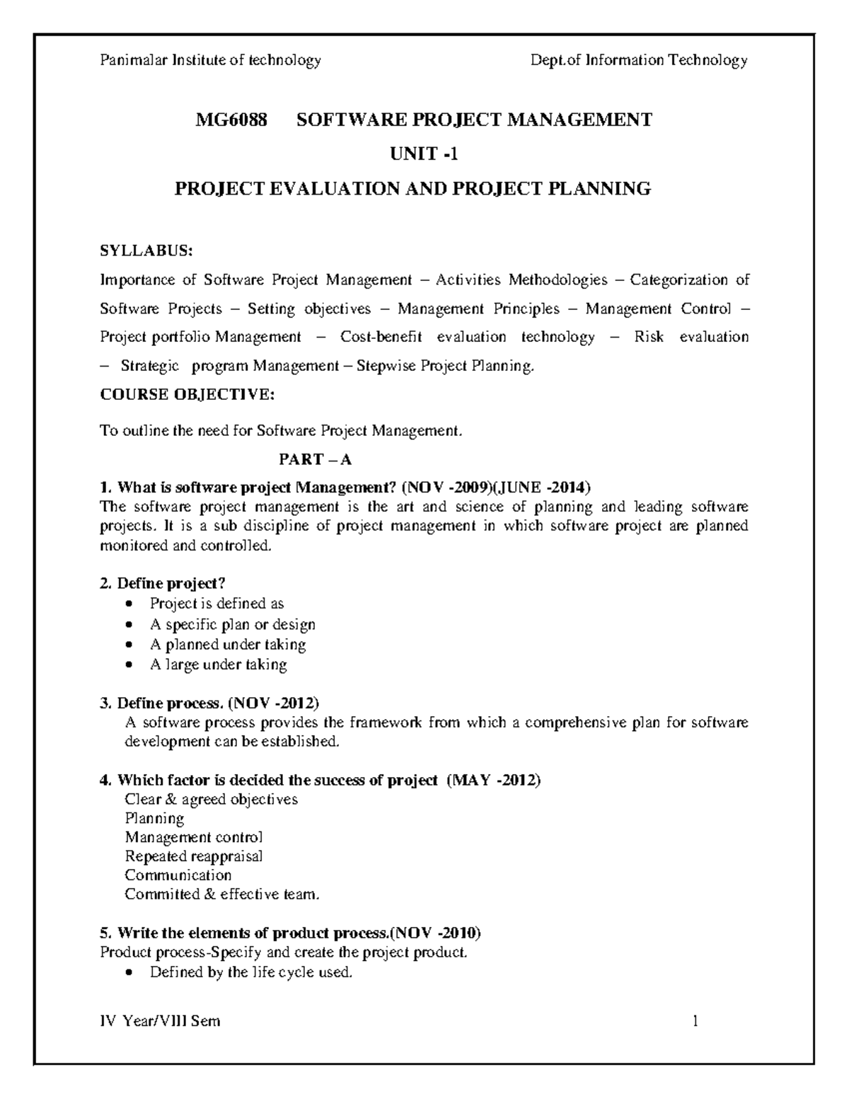 SPM - QB - MG6088 SOFTWARE PROJECT MANAGEMENT UNIT - 1 PROJECT ...