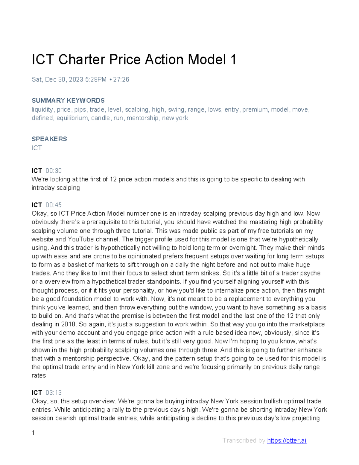 ICT Charter Price Action Model 1 - Intraday Scalping - ICT Charter ...