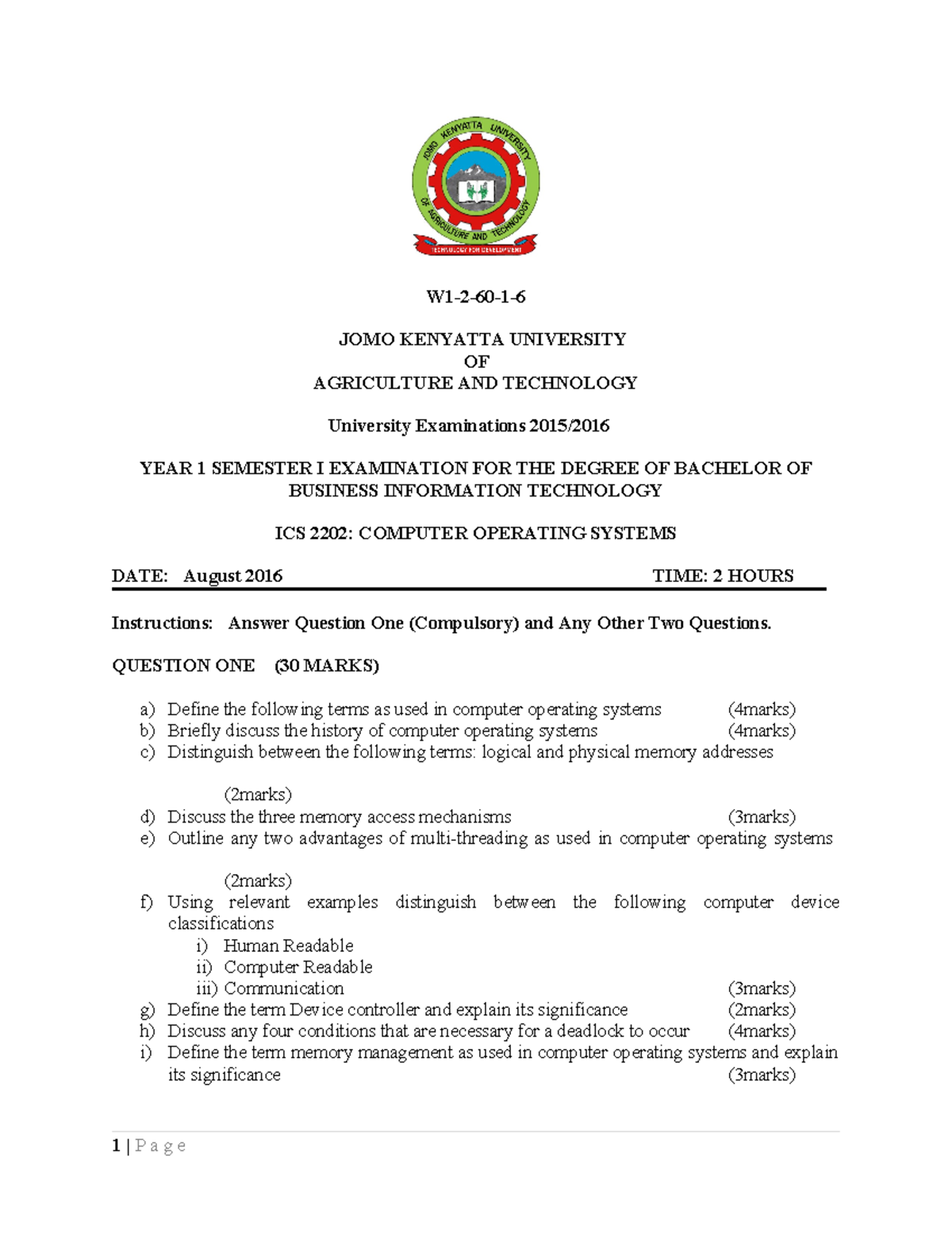 Ics 2202 Nakuru August 2016 W1 2 60 1 Jomo Kenyatta University Of Agriculture And Technology