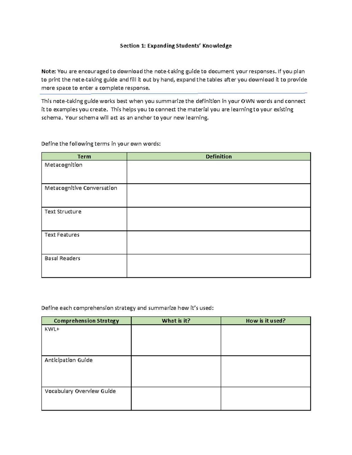 Section 1 - Notes - Section 1: Expanding Students’ Knowledge Note: You ...