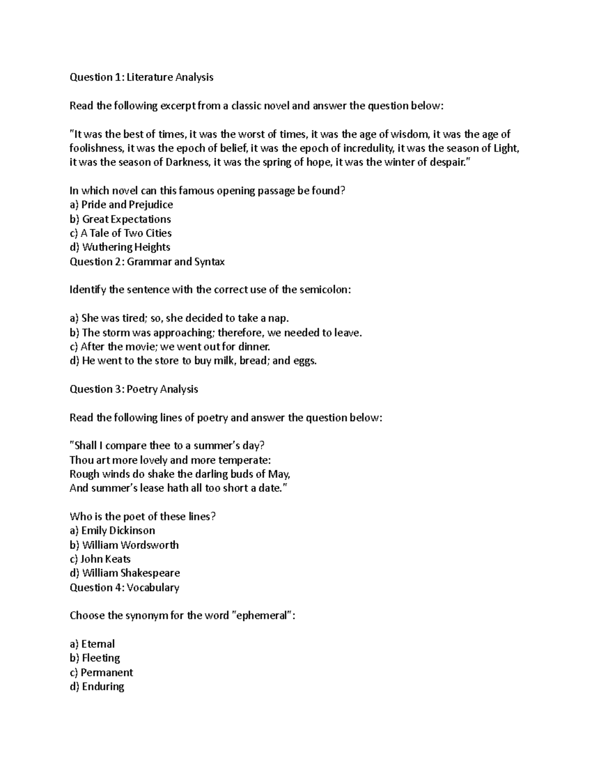 English practice Test - 2 - Question 1: Literature Analysis Read the ...