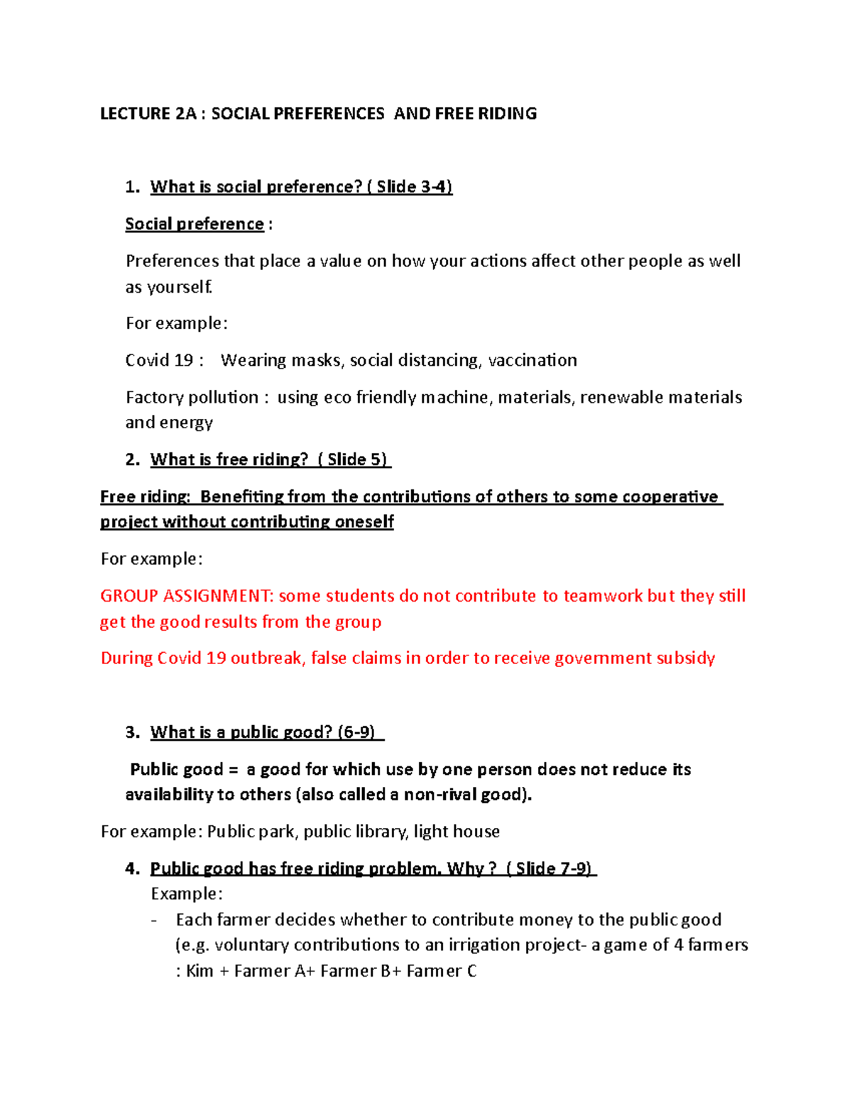Lecture 2 Zoom notes - LECTURE 2A : SOCIAL PREFERENCES AND FREE RIDING ...
