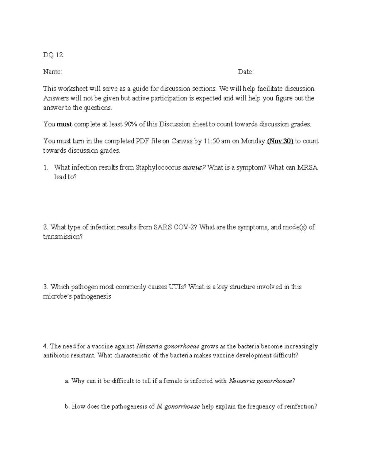 Discussion Questions to Prepare for Exam - DQ 12 Name: Date: This ...