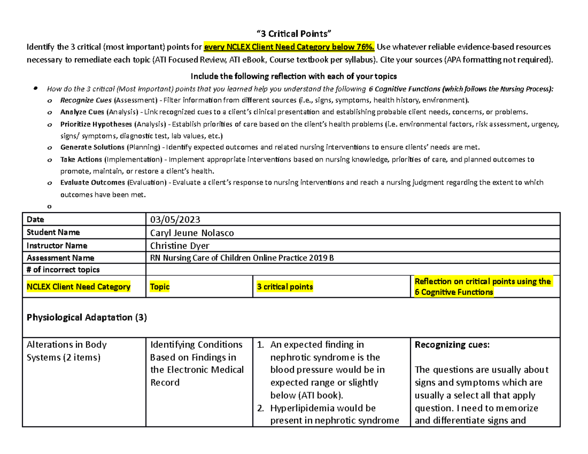 3 Critical Points ATI Remediation 3 Critical Points Identify The