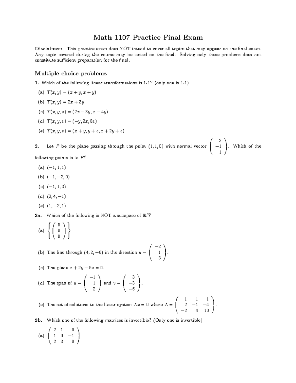 Math1107Sample Final - Math 1107 Practice Final Exam Disclaimer: This ...
