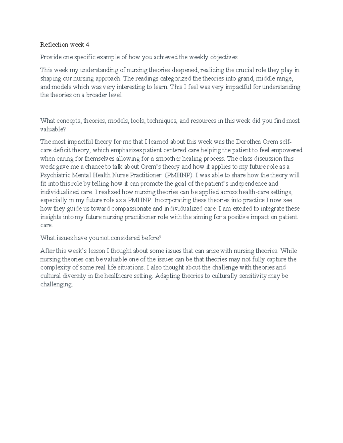 NR 502 WK 4 reflection post - Reflection week 4 Provide one specific ...