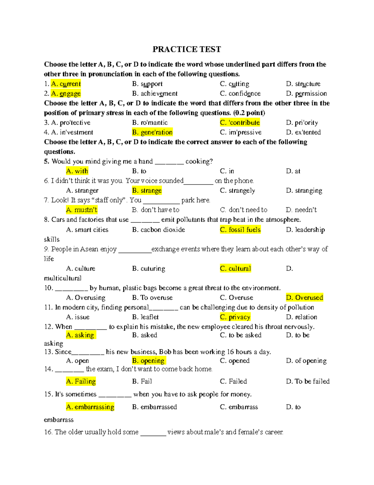 Practice TEST 4 Hay HKI 1 - PRACTICE TEST Choose the letter A, B, C, or ...