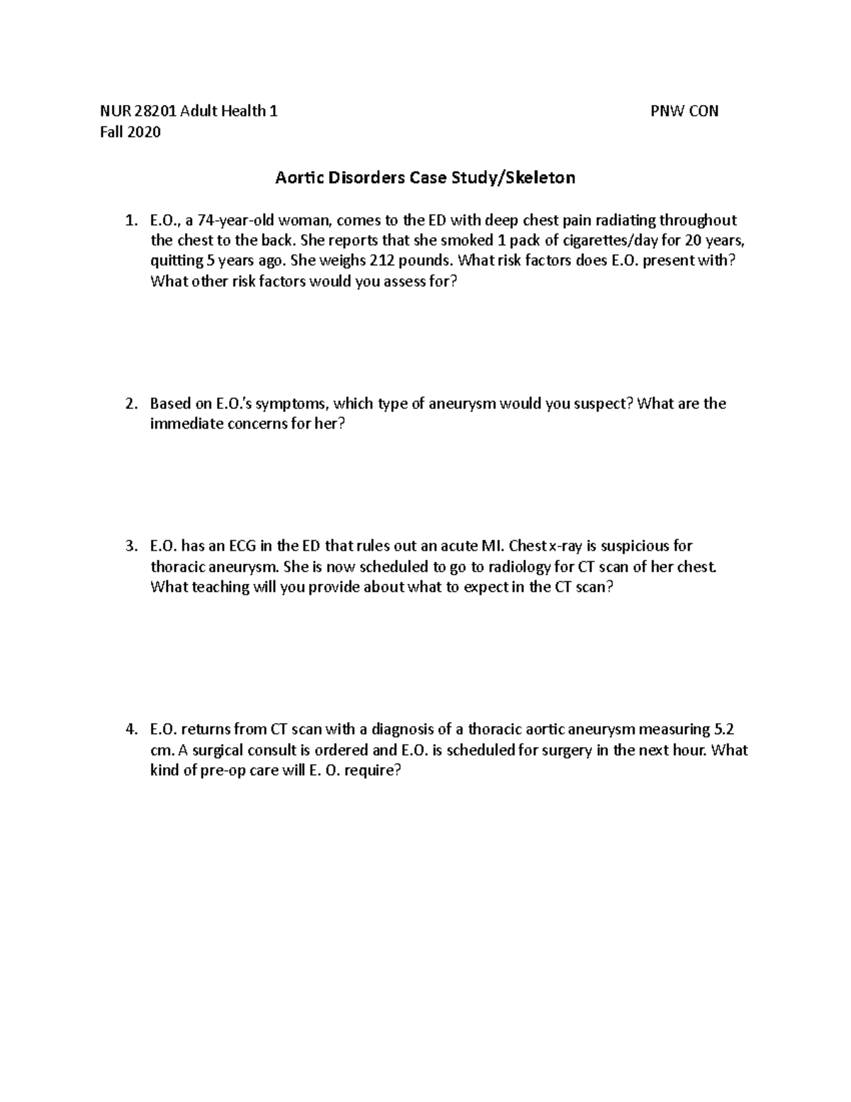 Aortic Disorders Case Study worksheet 2021 - PNW - Studocu