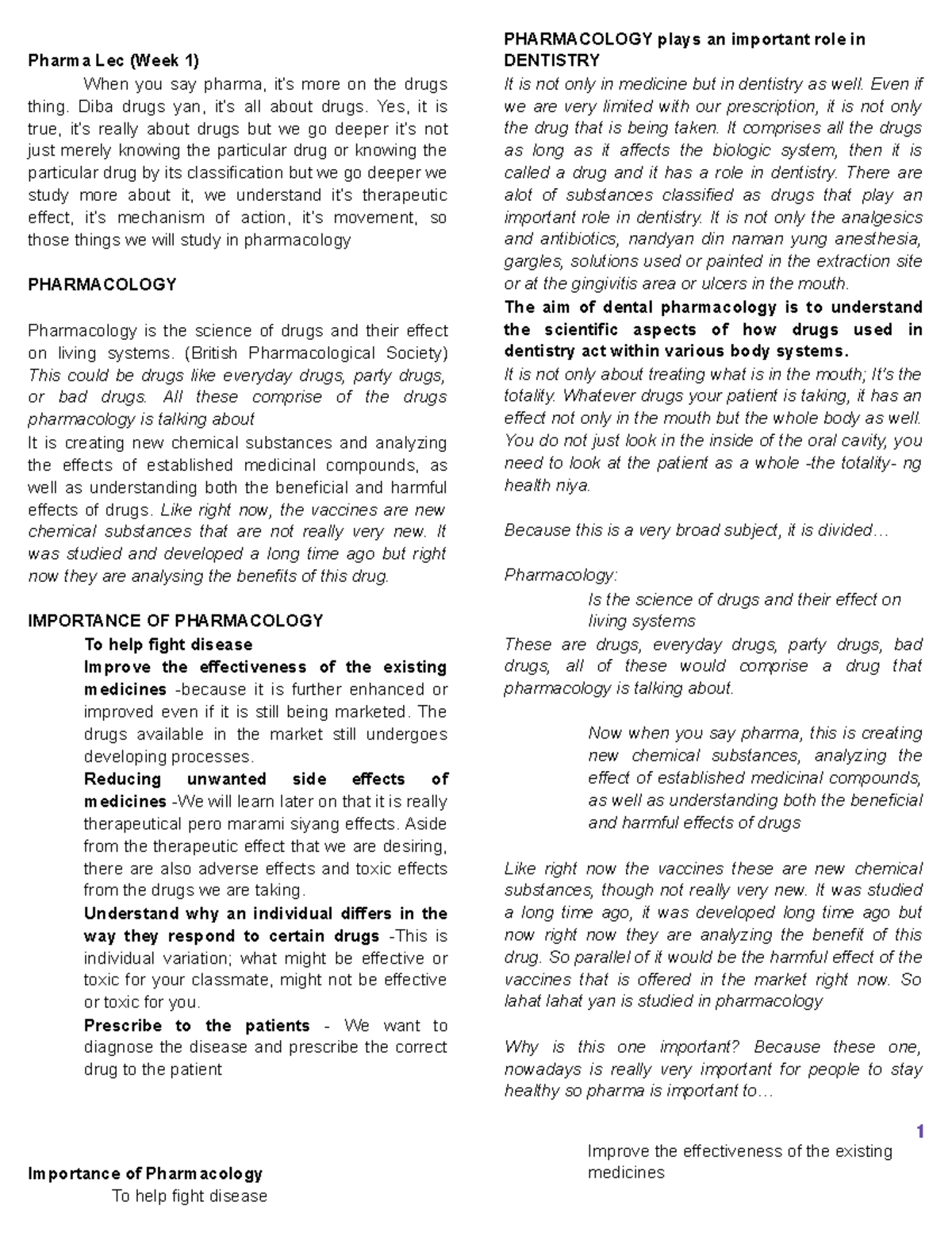 Pharmacology Notes Finals - Pharma Lec (Week 1) When you say pharma, it ...