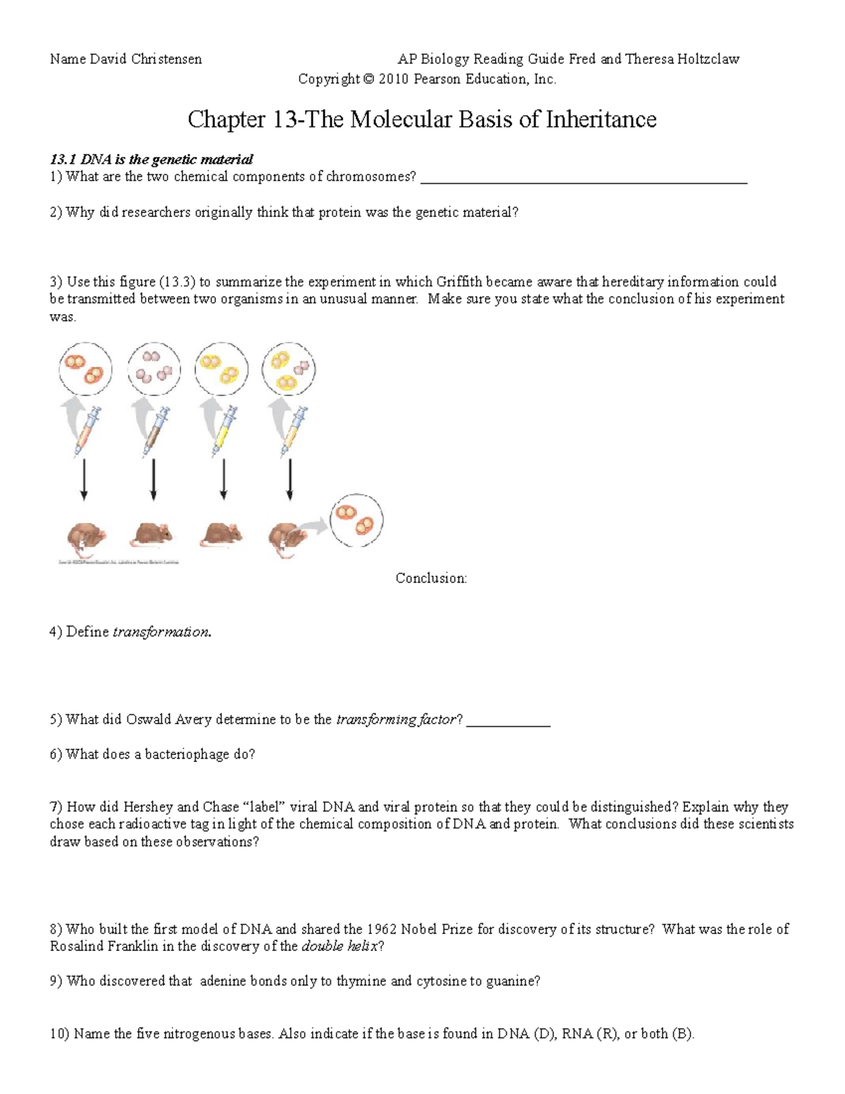 6.1 DNA and RNA Homework - Name David Christensen AP Biology Reading ...