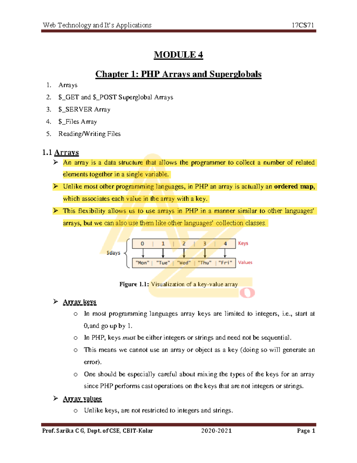 WEB Mod4@Az Documents - rgrgrg - MODULE 4 Chapter 1: PHP Arrays and Superglobals 1. Arrays 2 ...