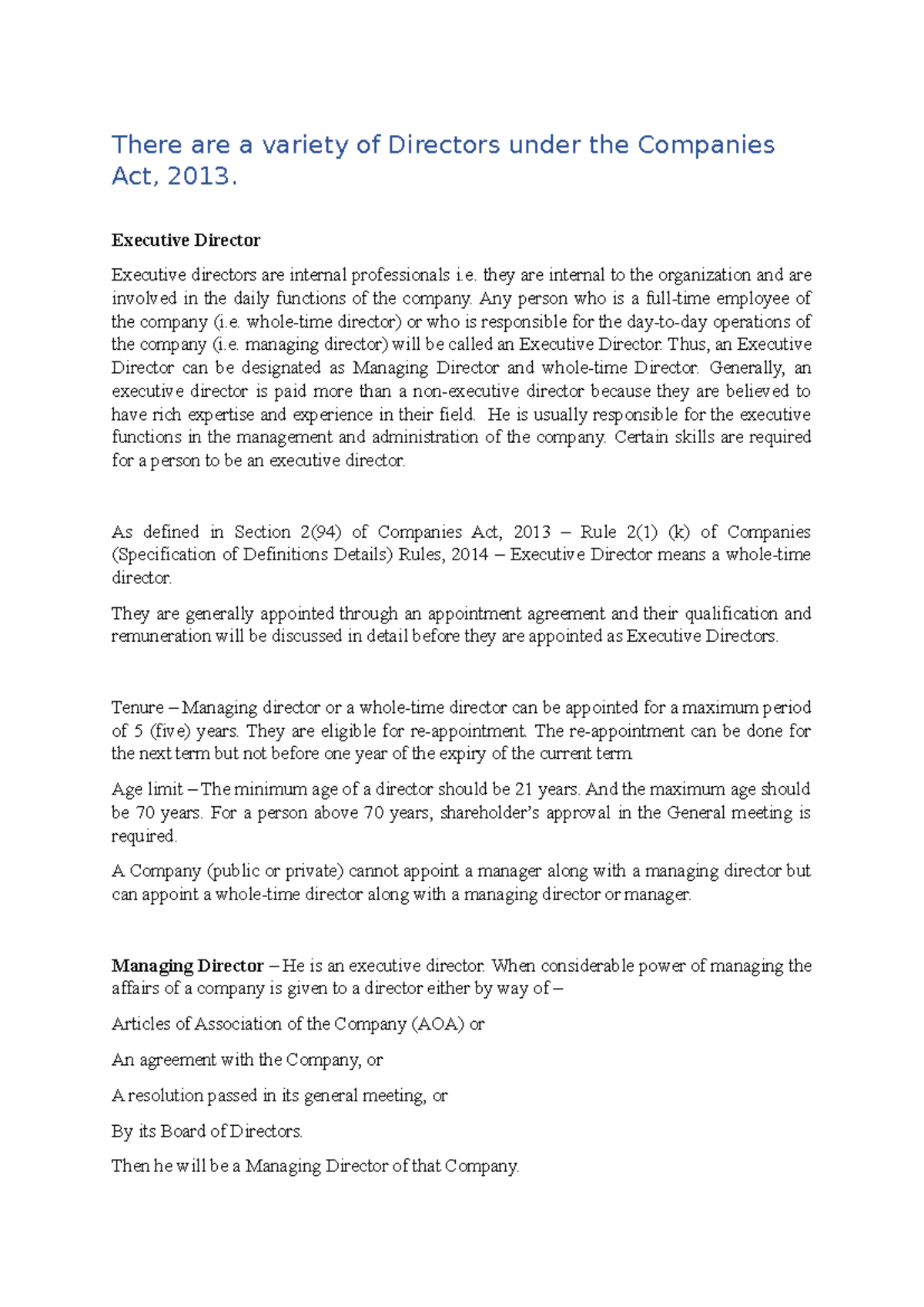 Types OF Director - notes - There are a variety of Directors under the ...