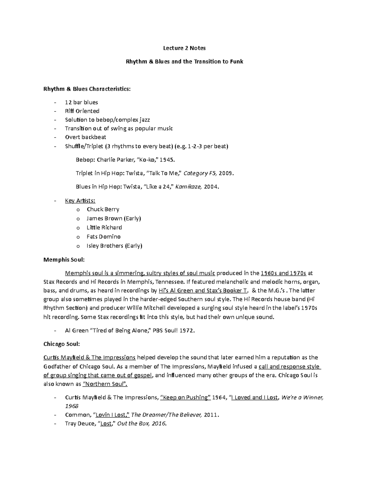 Lecture 2 Notes - rap - Lecture 2 Notes Rhythm & Blues and the ...