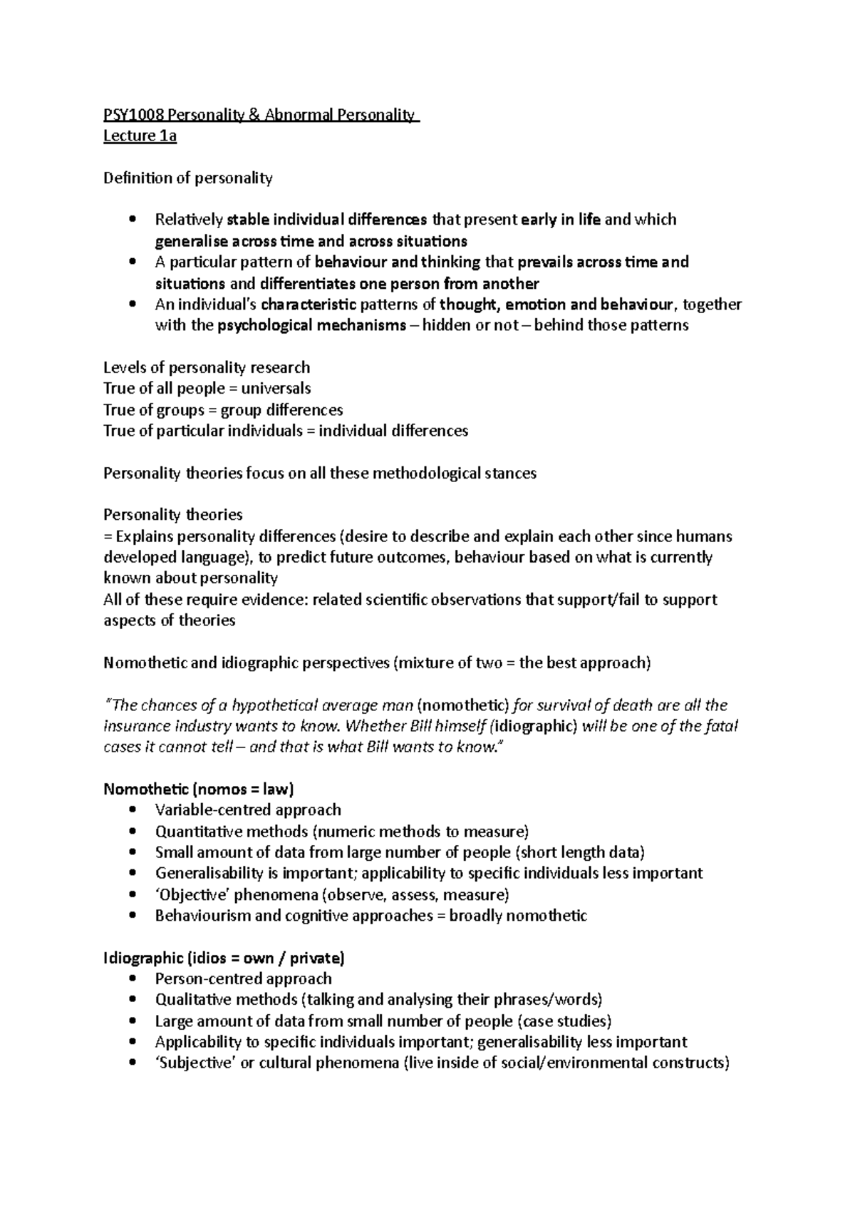 Personality & Abnormal Psychology L1a - PSY1008 Personality & Abnormal ...