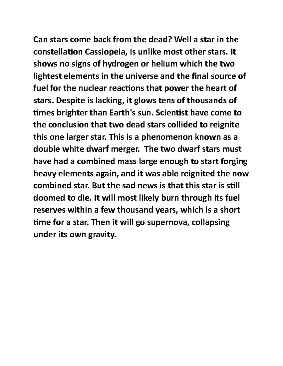 2nd min speech - Can stars come back from the dead? Well a star in the ...