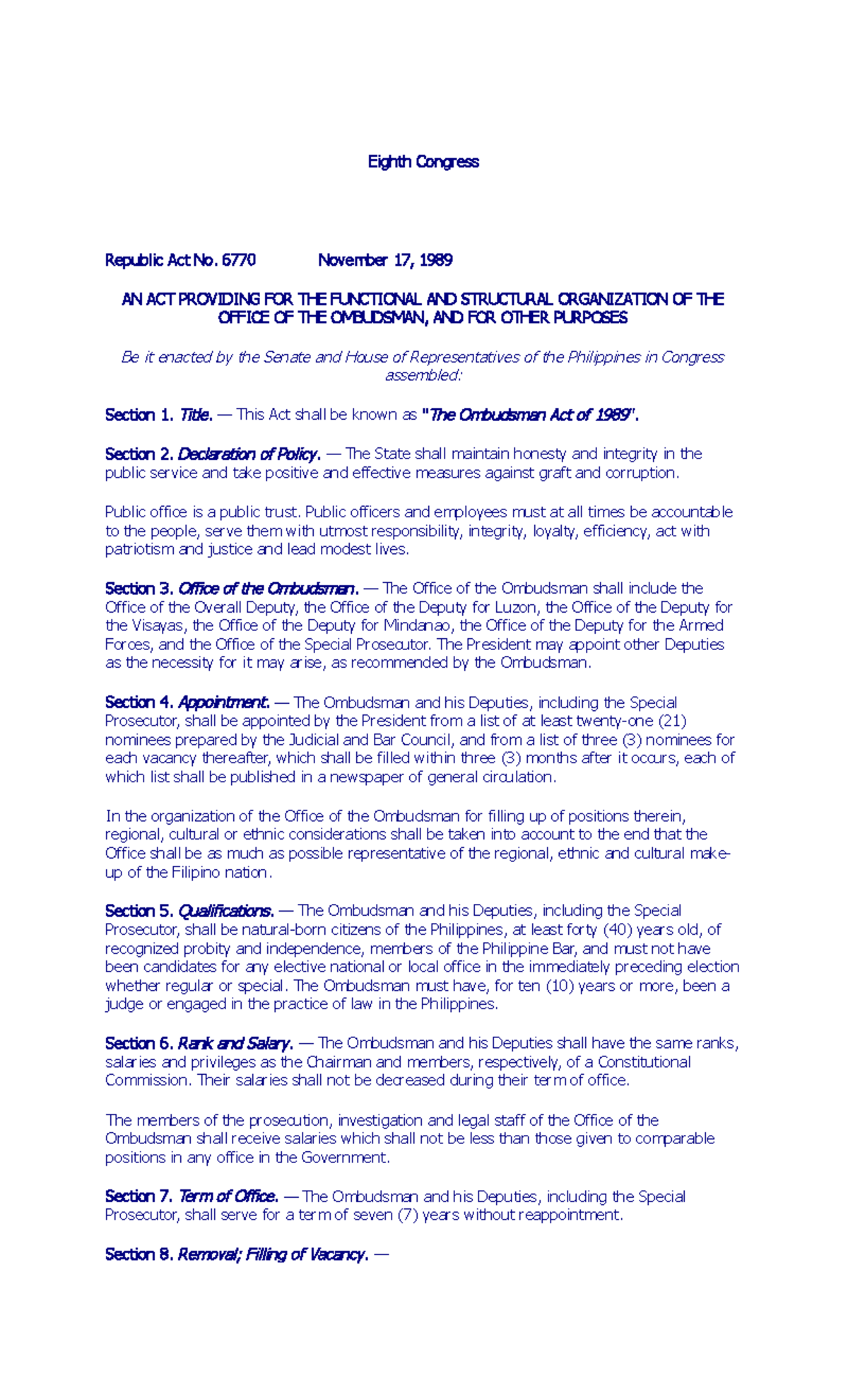 Ombudsman ACT OF 1989 - Eighth Congress Republic Act No. 6770 November ...