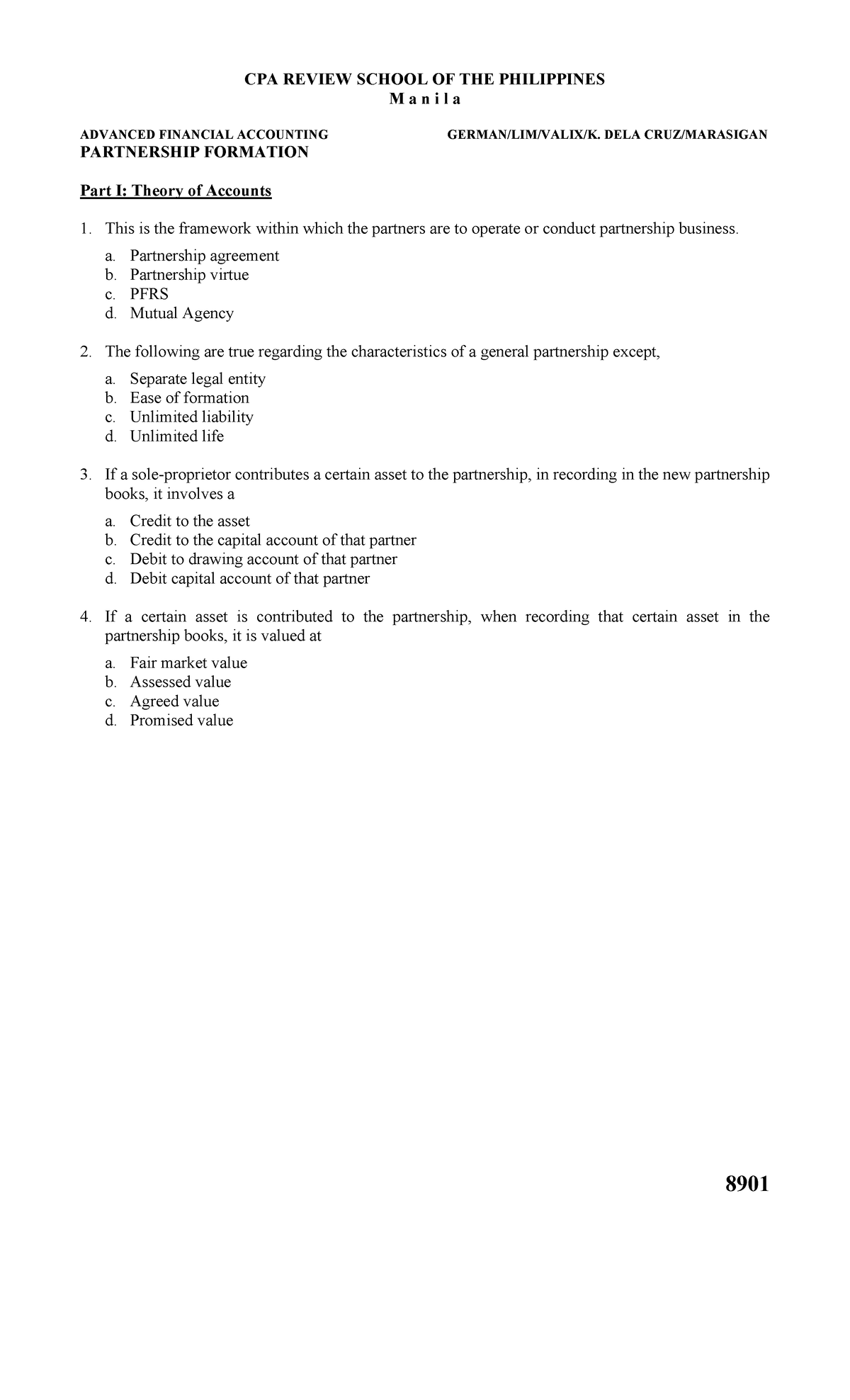 Partnership formation AFAR - CPA REVIEW SCHOOL OF THE PHILIPPINES M a n ...